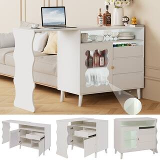 White L-Shaped Sideboard LED Buffet Cabinet Glass Door Coffee Bar ...