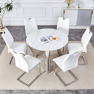 7-Piece 42-inch Round Dining Table and Chair Set With 6 Dining Chairs ...
