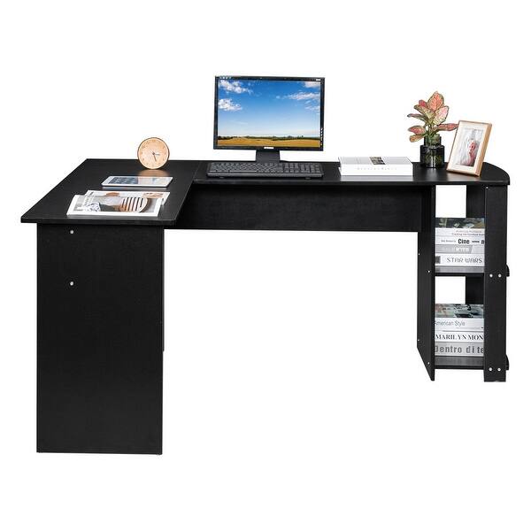 L-Shaped Wood Right-angle Computer Desk with 2-layer Bookshelves - Bed ...