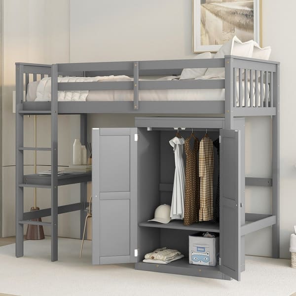 Study Loft Bed Wood Loft Bed with Desk and Wardrobe - Bed Bath & Beyond ...