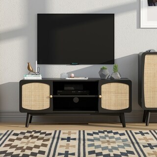 Boho Style TV Stand with Rattan Door, Media Console Table for TVs Up to ...