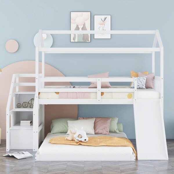 Kaylee Twin over Full House Bunk Bed with Slide and Storage Staircase Bed Bath Beyond 35889833