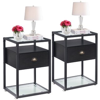 Javlergo Set of 2 Tempered Glass Nightstand with 1-Drawer and Open ...