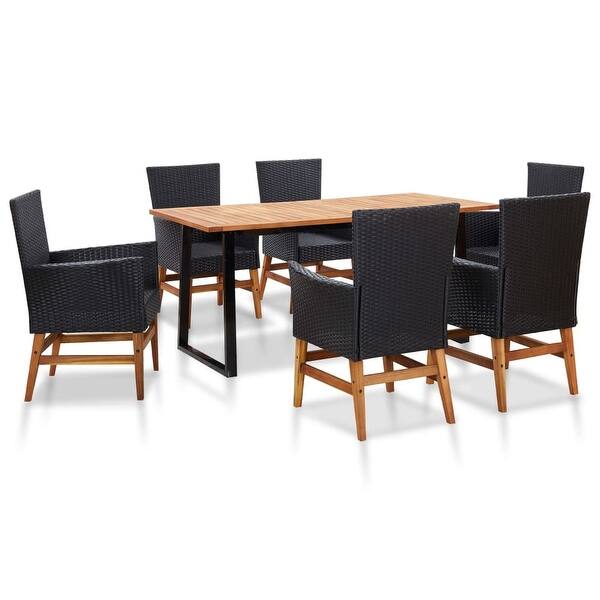 vidaXL 7 Piece Patio Dining Set Poly Rattan and Acacia Wood Black - Bed ...