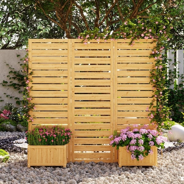 Cedar Tri-Fold Privacy Screen with 4 Planter Boxes, Weather-Resistant ...