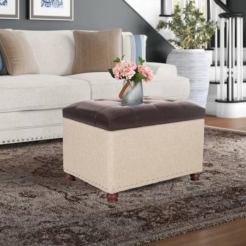 Adeco 24'' Rectangular Upholstered Storage Ottoman Fabric Foot stool ...