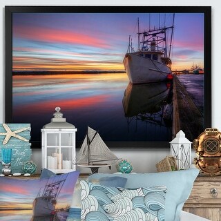 Designart "Boat Docked At Shipyard Harbor" Nautical & Coastal Framed ...