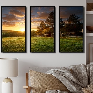 Designart "Fenced Ranch at Sunrise" Landscape Framed Wall Art Set of 3 ...