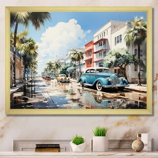 Designart "Beige Blue Miami Beach Miami" Cityscapes Framed Wall Decor ...
