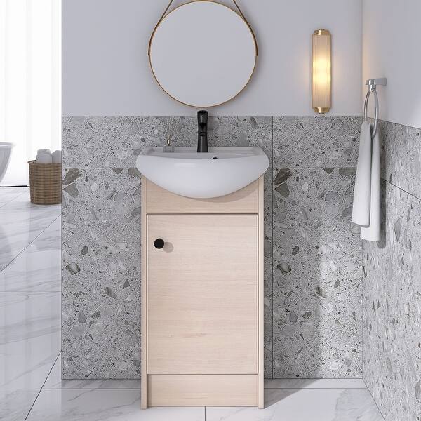 18 Inch Freestanding Bathroom Vanity in Plain Light Oak With Ceramic ...