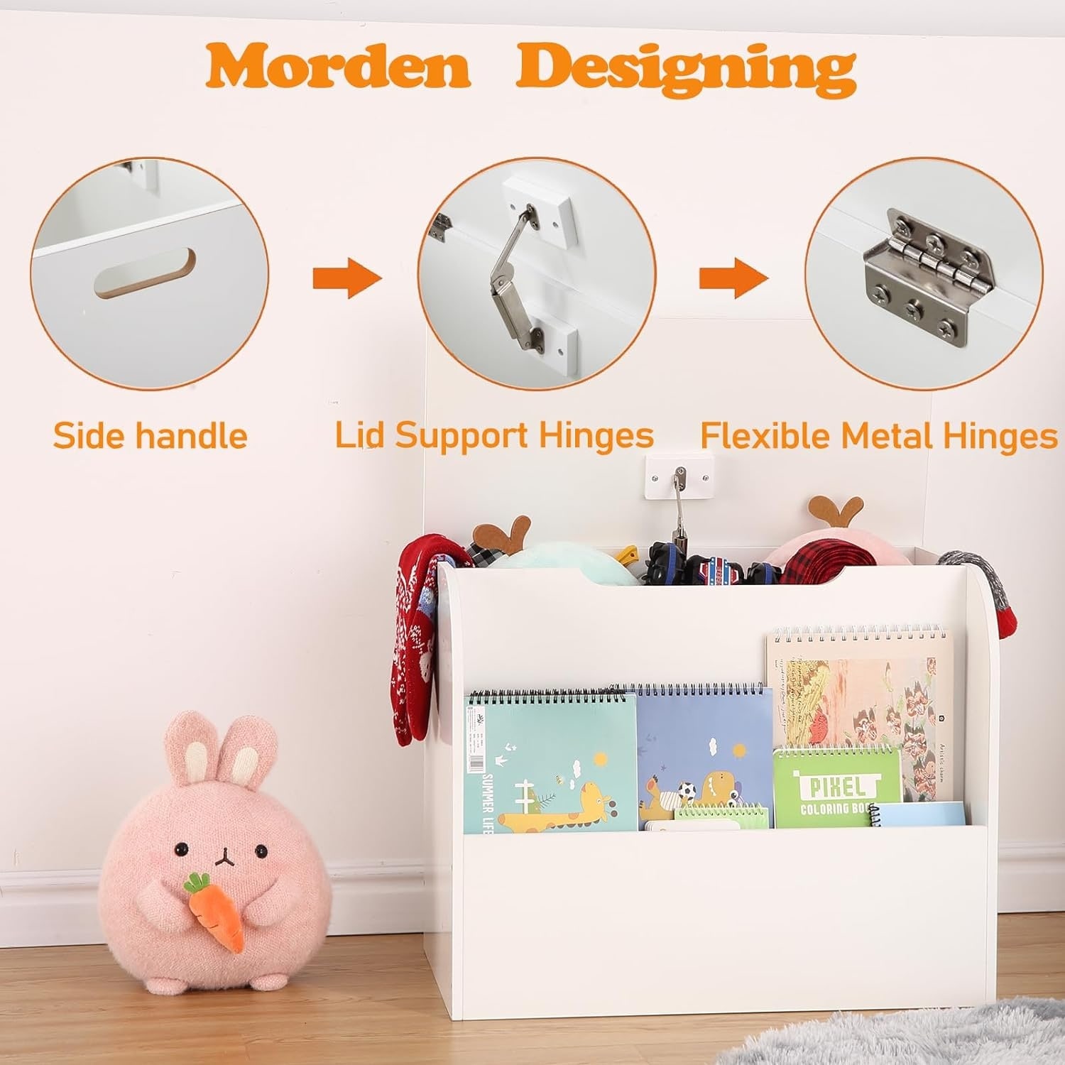 Wooden Toy Box Kids Toy Chest Storage Organizer with Front Bookshelf White