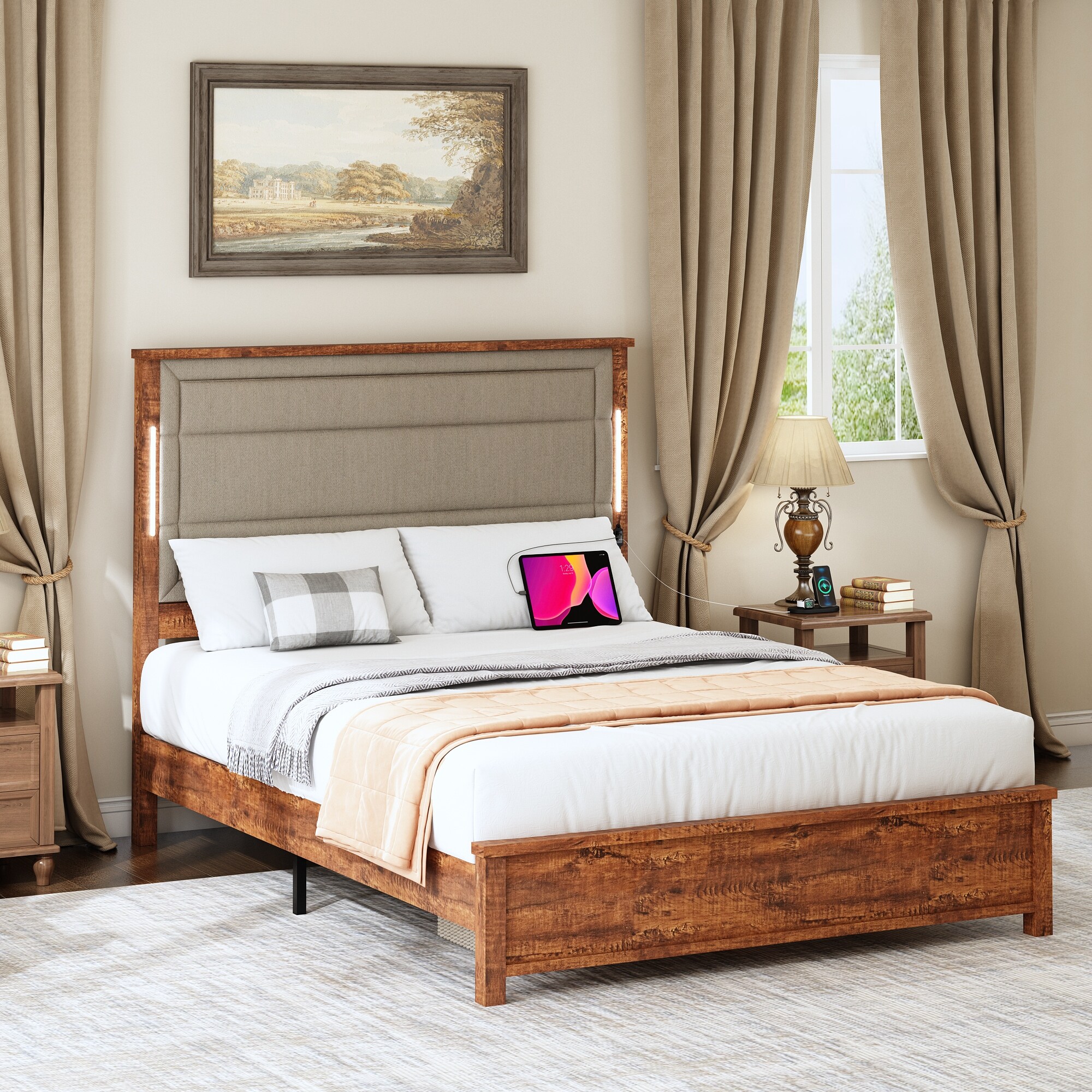 Dark Gray Linen Bed Frame with Upholstered Headboard LED Lights and Wood Slats