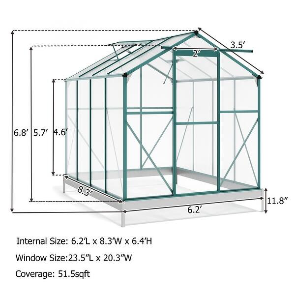 Walk-in Polycarbonate Greenhouse with 2 Windows and Base,Aluminum Hobby ...