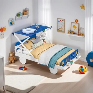 Wood Twin Size Car Bed with Ceiling Cloth, Headboard and Footboard ...