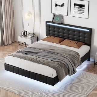 Low Profile Platform Bed Frame with LED Lights and Charging Station ...