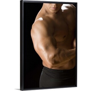 "Male bodybuilder flexing muscles, front view, black background" Black ...