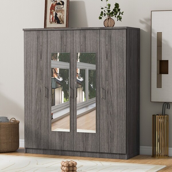 4 Door Wardrobe Closet with Dressing Mirror Bedroom Armoires Clothes Storage Cabinet with Hanging Rods Drawer and Shelves Bed Bath Beyond 41680787