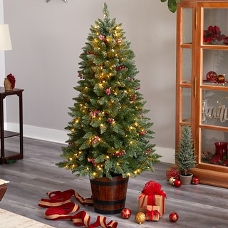 5' Frosted Aspen Xmas Tree w/200 LEDs, 426 Tps & Berries - 32”D x 32”W ...
