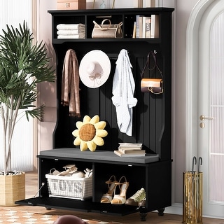 Black Hall Tree Bench with Storage Cabinet & Hooks - Bed Bath & Beyond ...