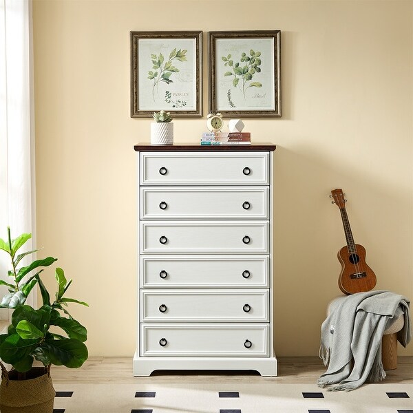 Modern 6 Drawer Dresser Tall Chest of Drawers for Bedroom Closet Storage Easy Pull Handle Textured Borders for Living Room White