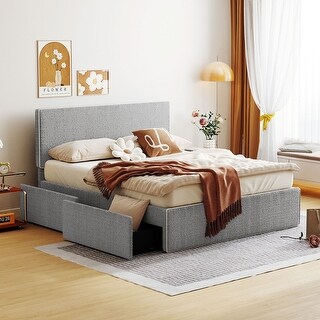 Upholstered Full Size Platform Bed Frame with 4 Storage Drawers and ...