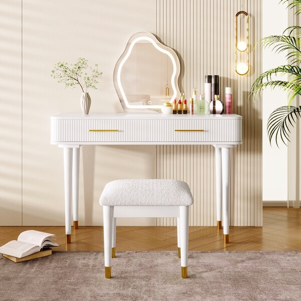 JOLIWING 40 inch Makeup Vanity Table Set Touch Screen Lighted Mirror with Drawers 1 Cushioned Stool White