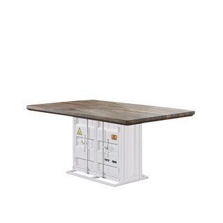 Industrial Dining Table with Metal Base and Recessed Panels,White and ...