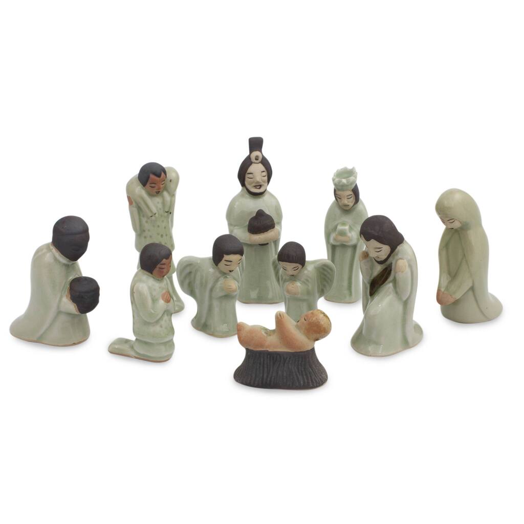 Novica Handmade Holy Night In Blue Celadon Ceramic Nativity Scene (10 ...
