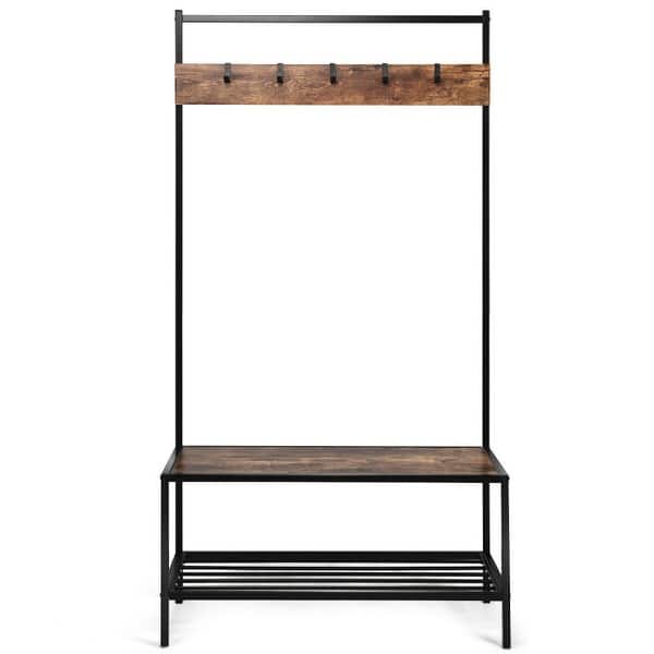 3 in 1 Industrial Coat Rack with 2-tier Storage Bench and 5 Hooks - 35. ...