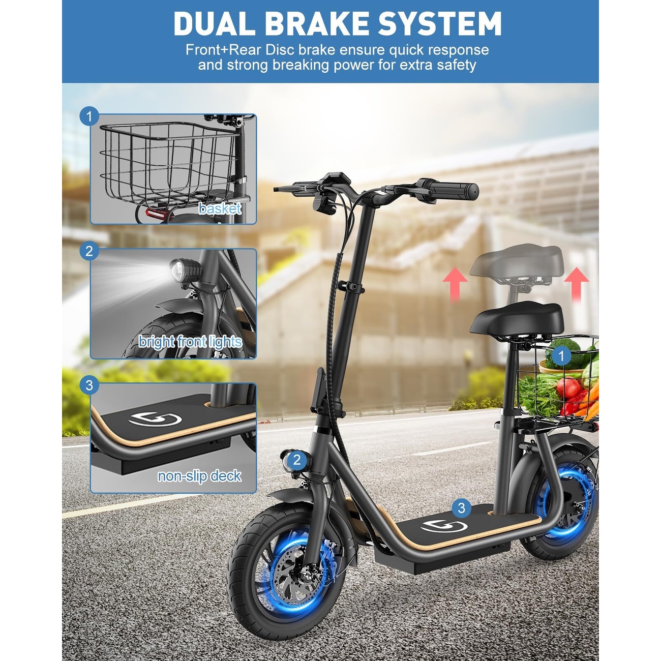 Electric Scooter with Seat for Adult 12 Tire Electric Foldable Max Speed 19 Mph with 30 Miles Range Grey