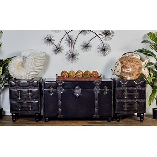 Brown Wood Vintage Faux Leather 4 Drawer Bench with Faux Leather Straps ...