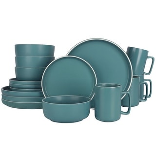 16 Piece Round Stoneware Dinnerware Set in Solid Matte Teal - Bed Bath ...