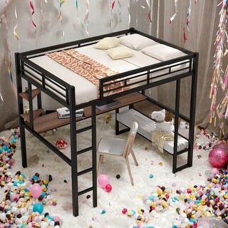 Full Size Loft Bed Metal&MDF Kids Bed with Built-in Long Desk and ...