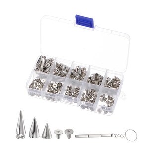 100 Sets Cone Spikes 3 Sizes Silver Tone with Screwdriver & Storage Box ...