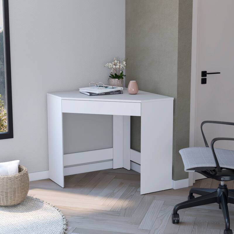 Modern White Corner Desk with Large Storage Drawer and Ample Workspace ...