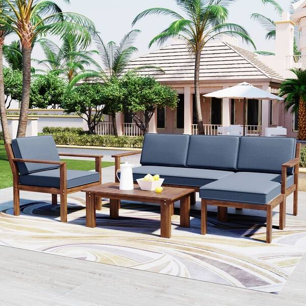 4 Pieces Patio Sectional Sofa with Coffee Table & Solid Acacia Frame ...