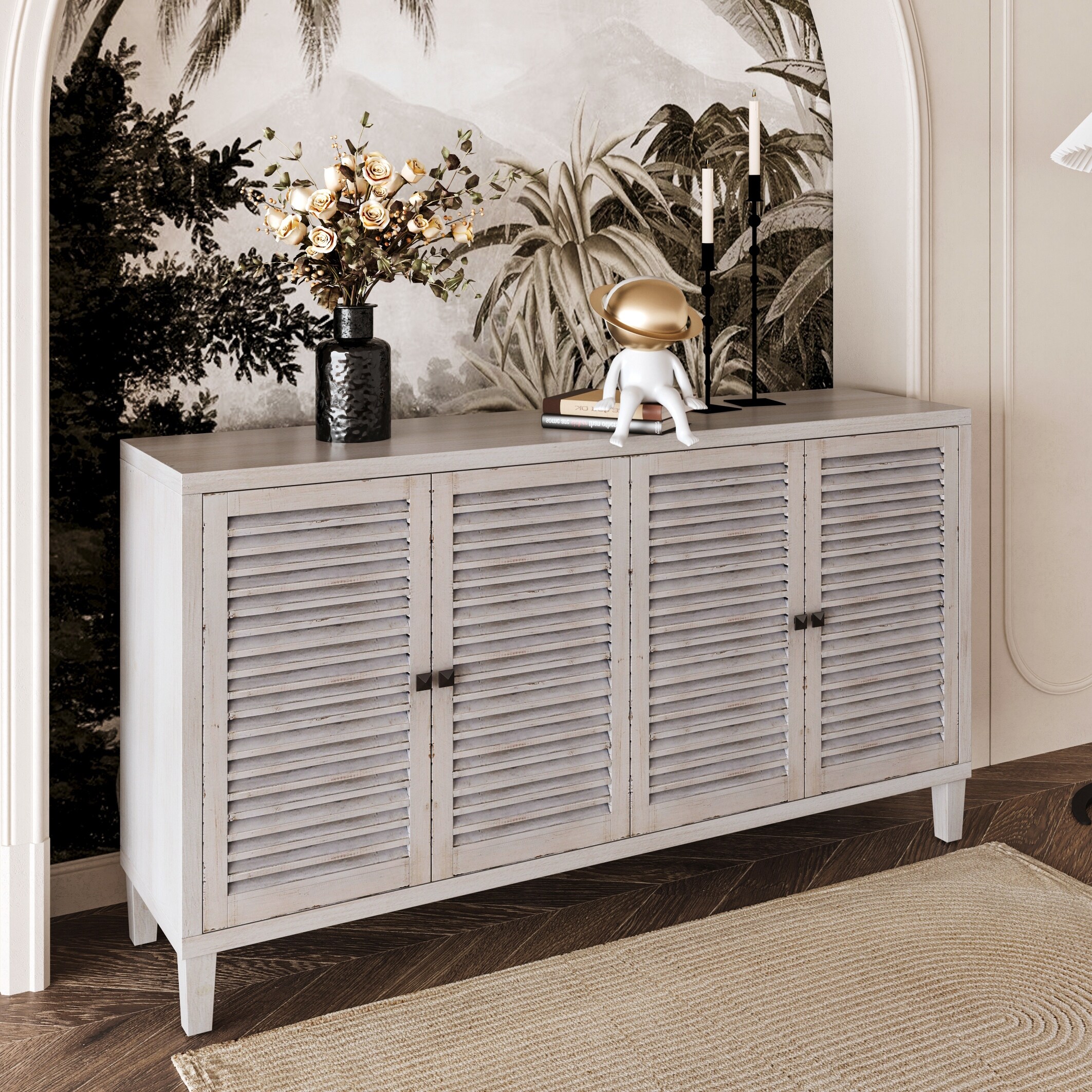 Distressed White Accent Cabinet with 4 Shutter Doors Storage for Various Rooms Bed Bath Beyond 40921451