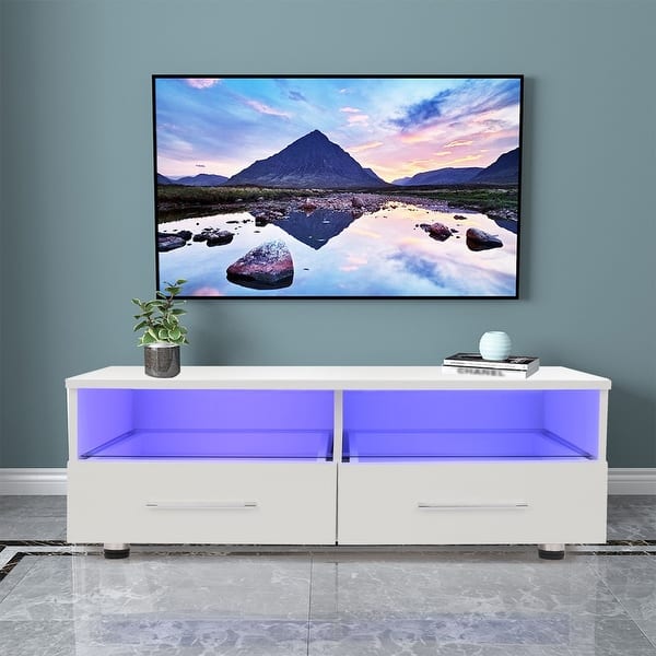 Modern TV Unit 100cm White High Gloss 2 Drawers Cabinet Stand LED ...