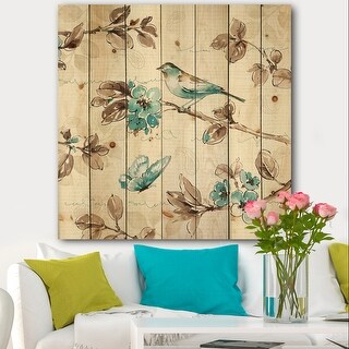 Designart 'Beige Bird Wings' Cottage Print on Natural Pine Wood - Blue ...