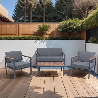4 piece Outdoor Patio Conversation Sofa Set with Acacia Wood Top Coffee ...
