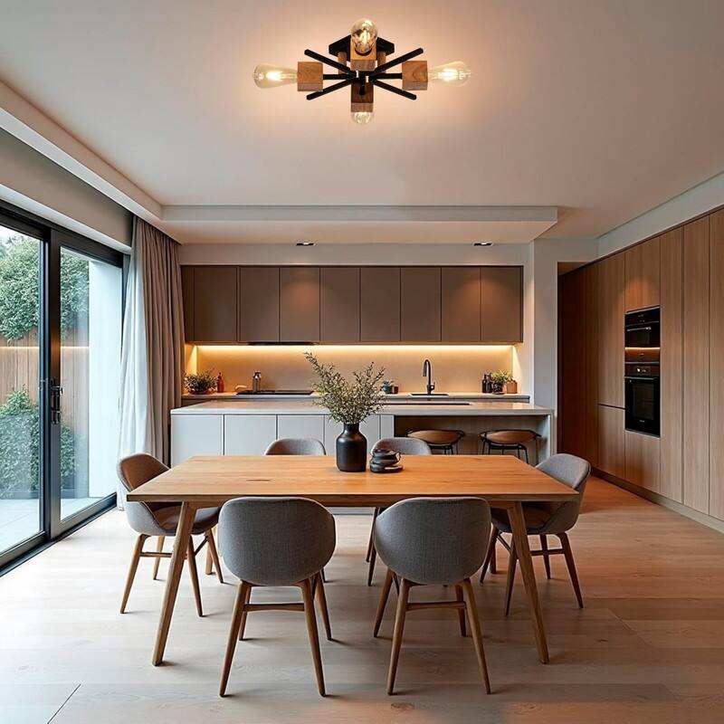 4 light kitchen lamp ‎metal wood Foyer light black natural wood color ...