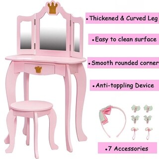 2-in-1 Princess Vanity Set Princess Makeup Table with Mirror Stool for ...