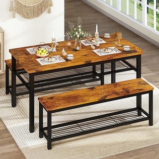 Industrial Rectangular Dining Set, 3 Piece Kitchen Table with Benches ...