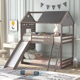 Bunk Bed Wood Bed with Roof, Window, Slide, Ladder - Bed Bath & Beyond ...