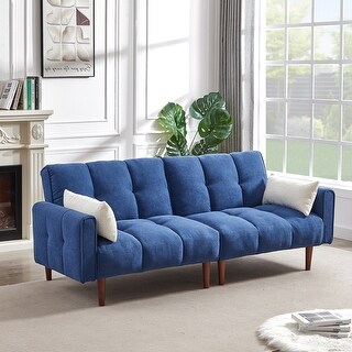 Dark Blue Linen Fabric Upholstered Sofa, Convertible Futon Sofa Bed ...