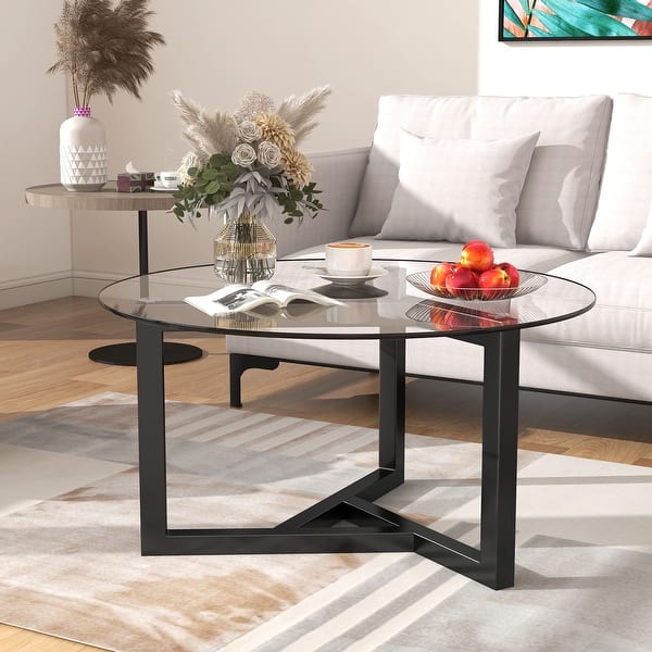 Modern Black Round Glass Coffee Table with Wood Base - Bed Bath ...