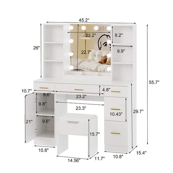 Vanity Desk with LED Lighted Mirror 10 LED Lights 3 Color Brightness ...