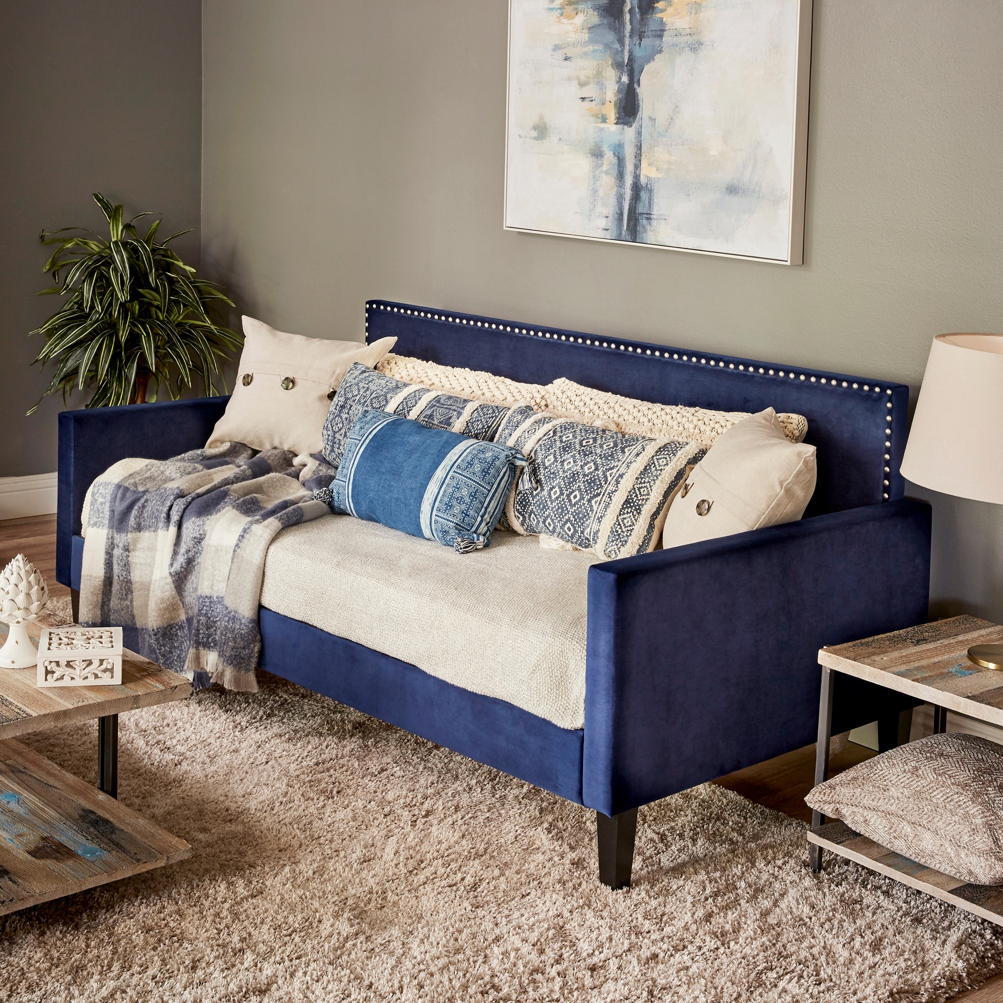 Handy Living Navy Blue Velvet Upholstered Twin Daybed Bed Bath Beyond 20716857