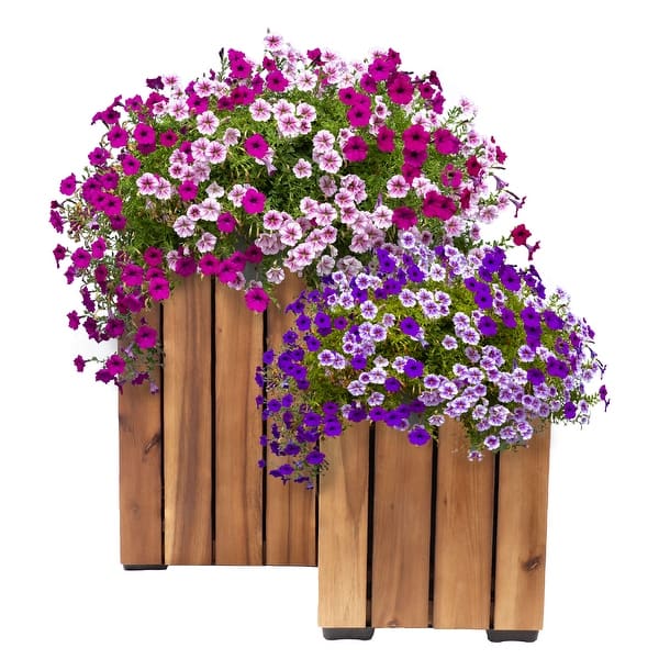 2-Piece Acacia Wood Square Planter Boxes with Plastic Liners - Vertical ...
