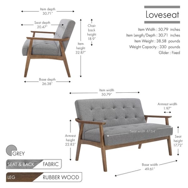 Porthos Home Mabel Fabric Loveseat Small Couch Sofa with Rubberwood ...